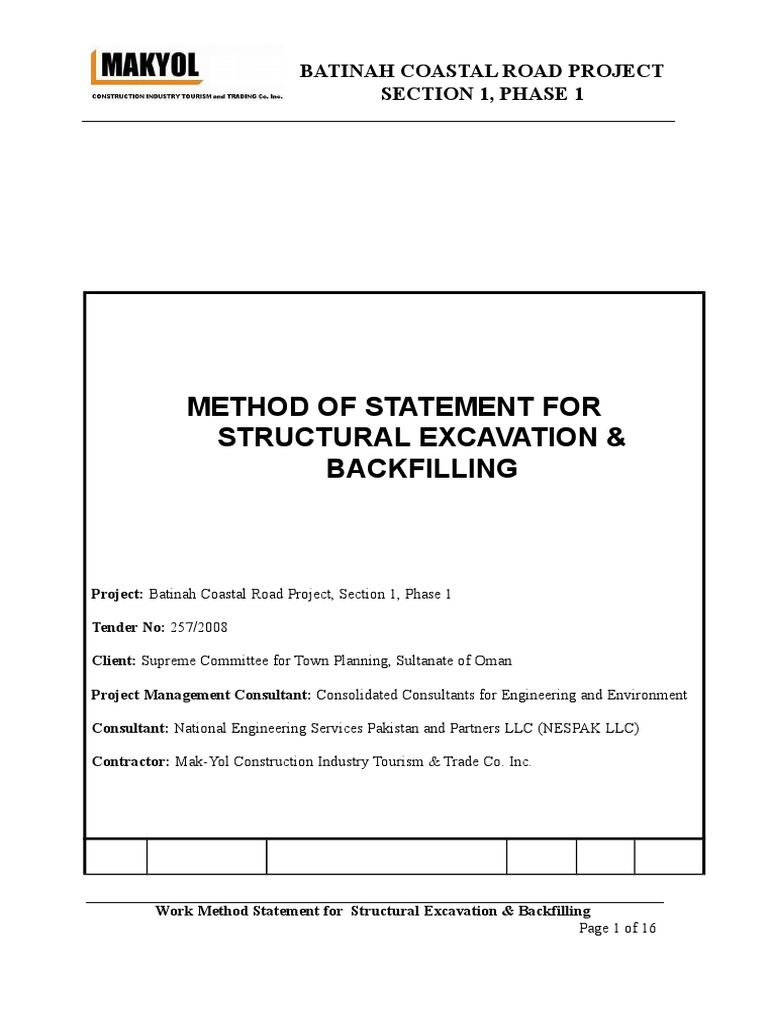 Excavation and Backfilling Method Statement | PDF | Excavation ...