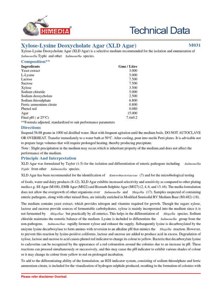 Xylose-Lysine Deoxycholate Agar (XLD Agar): Composition* | Growth ...