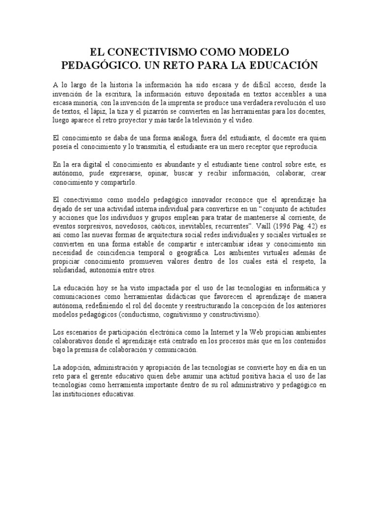 El Conectivismo Como Modelo Pedagogico Un Reto para La | PDF