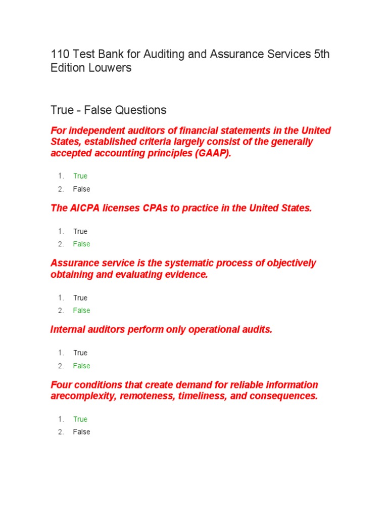 Auditing and Assurance Services Test Bank | PDF | Financial Audit ...