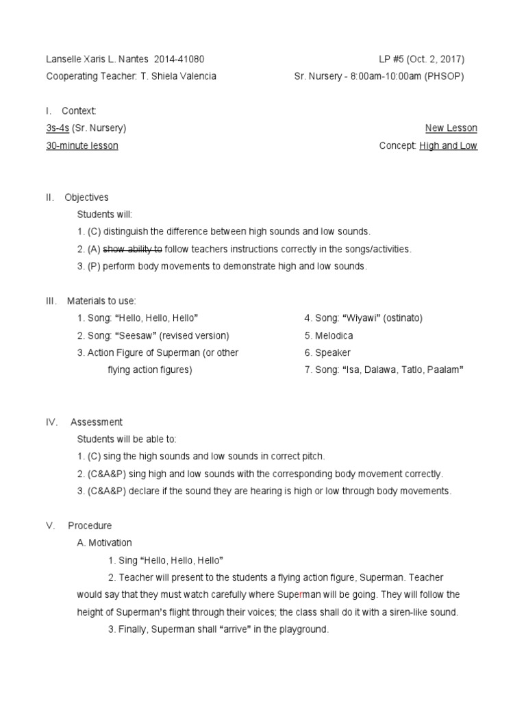 Lesson Plan - Music: High and Low (Sr. Nursery) | PDF | Educational Stages