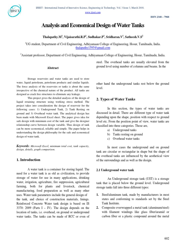 Analysis and Economical Design of Water Tanks | PDF | Water Supply | Water