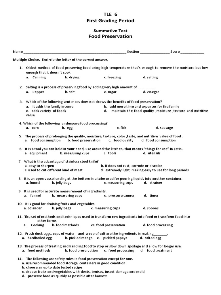 Test TLE6 Food Preervation Summativetest | Food Preservation | Food ...