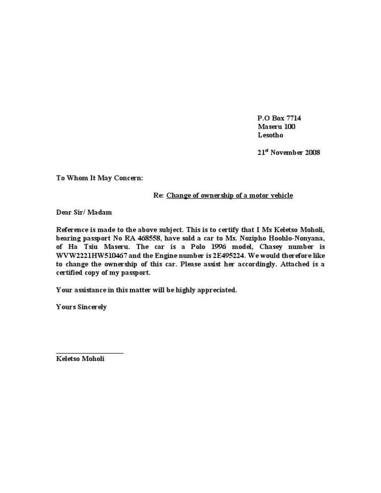 Motor Vehicle Ownership Transfer Letter | PDF
