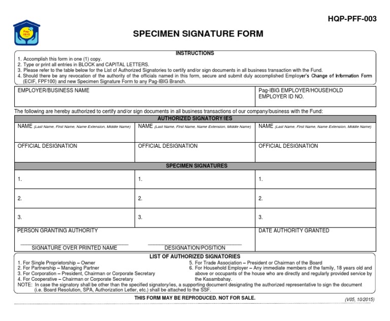 Specimen Signature Form: HQP-PFF-003 | PDF | Signature | Government