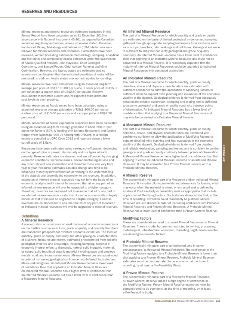Aca Reserves Resources Statement 2016 | PDF | Minerals | Economic Geology