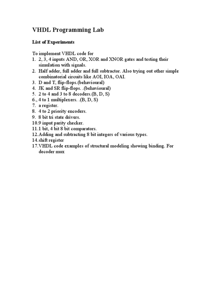 VHDL Programming Lab: List of Experiments | PDF