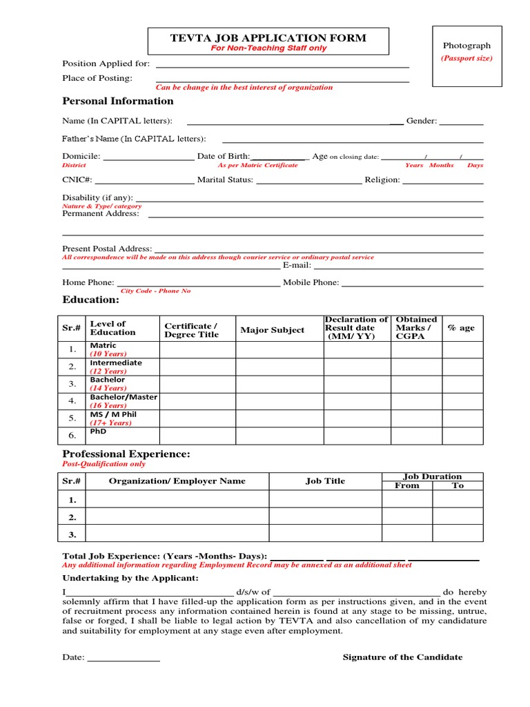 TEVTA JOB APPLICATION FORM FOR NON-TEACHING STAFF | PDF | Government ...