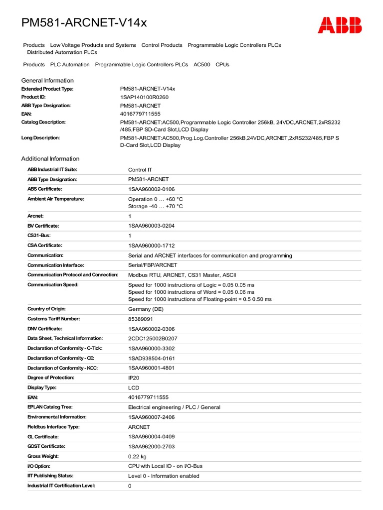 1SAP140100R0260 Pm581 Arcnetac500 Programmable Logic Controller256kb 24vdc Arcnet 2xrs232 485 ...