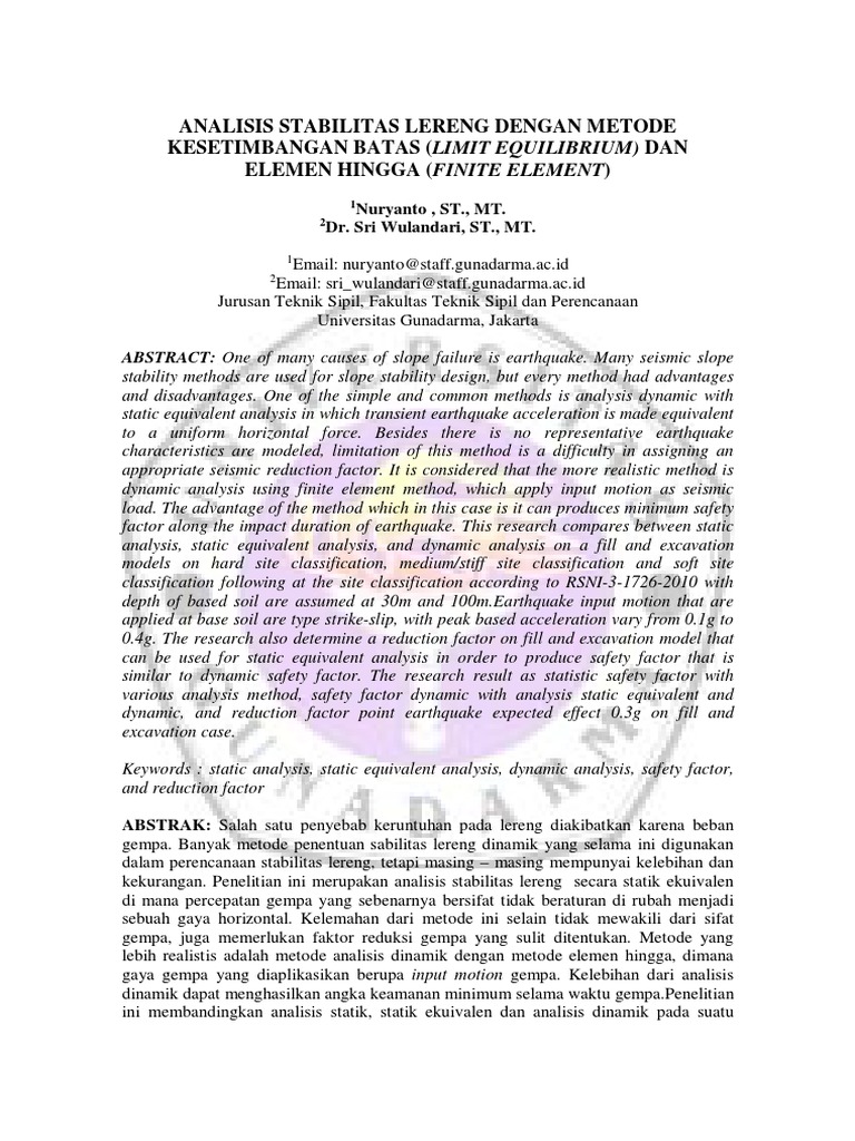 Analisis Stabilitas Lereng Dengan Metode Kesetimbangan Batas (Limit Equilibrium) Dan Elemen ...