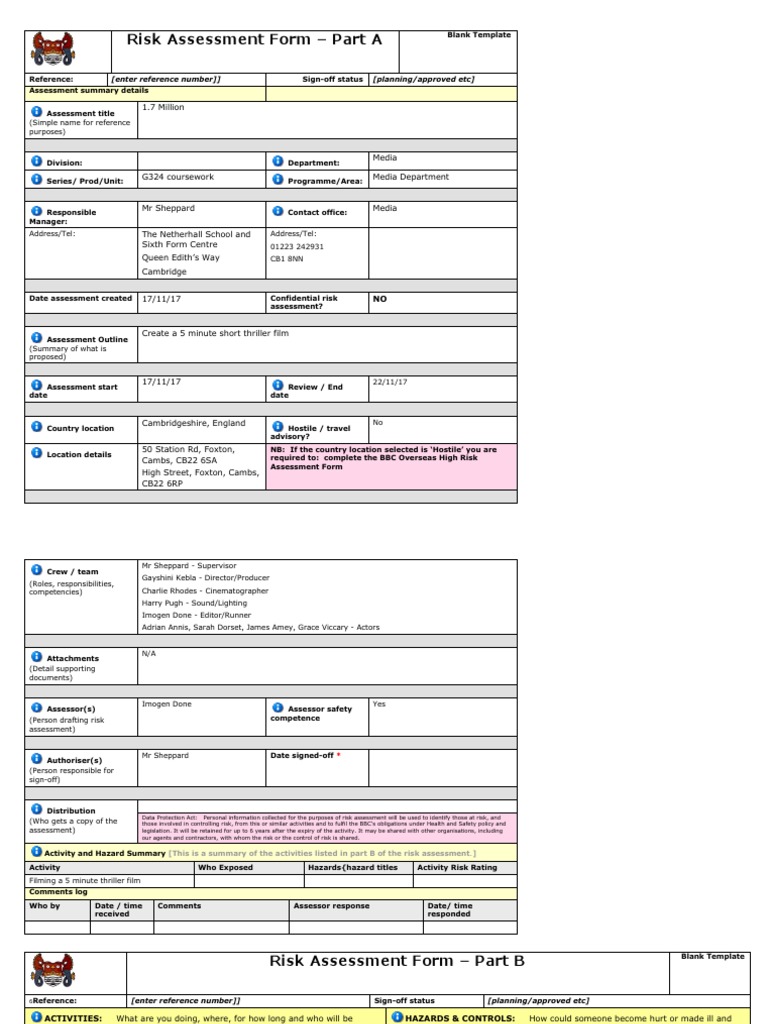 Risk Assessment Form - Part A: (Enter Reference Number) ) | PDF ...