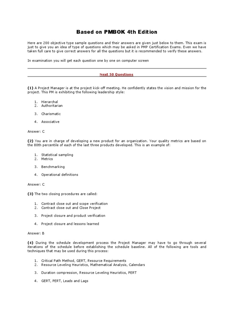 PMP 200-Questions On - Based On PMBOK 4th Edition | PDF | Project ...