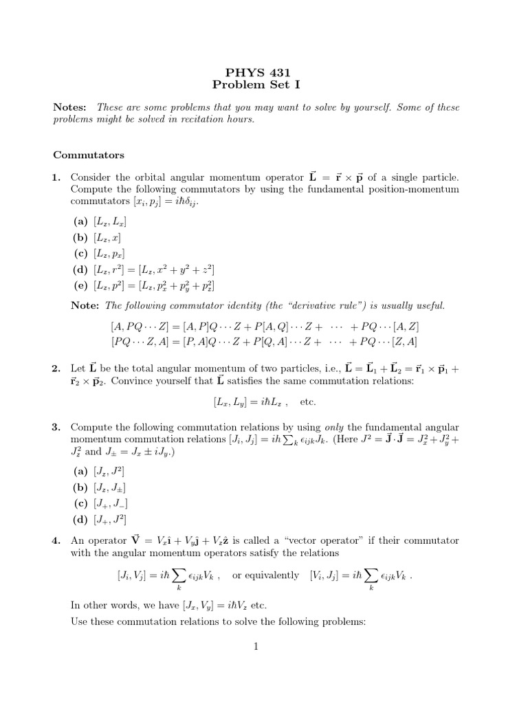 PHYS 431 Problem Set 01 PDF | PDF | Angular Momentum | Euclidean Vector