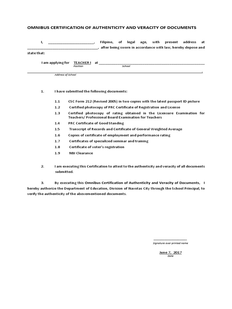 Omnibus Certificate | PDF