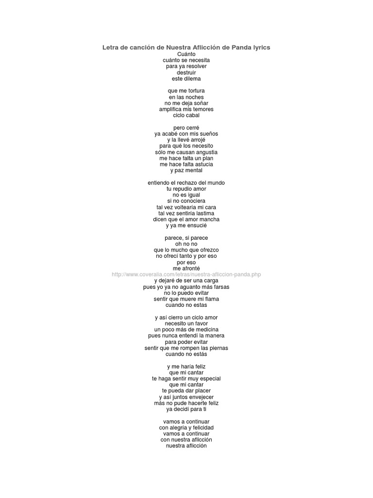 Letra de Canción de Nuestra Aflicción de Panda Lyrics | PDF ...