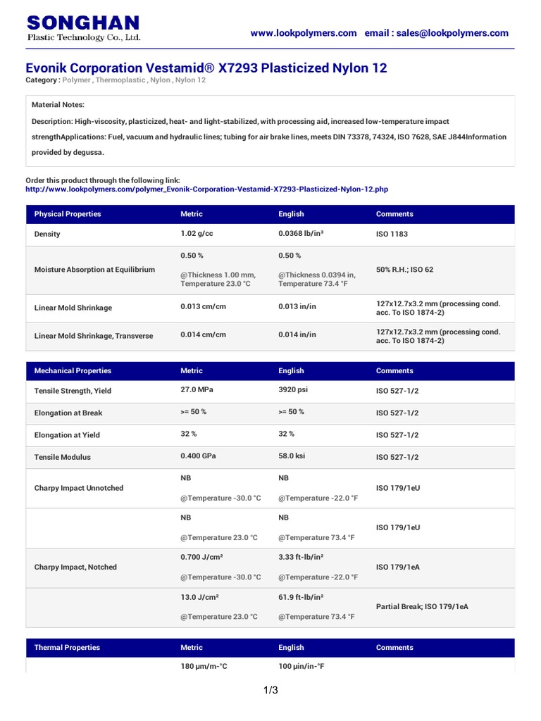 Evonik Corporation Vestamid X7293 Plasticized Nylon 12 | PDF | Nylon ...