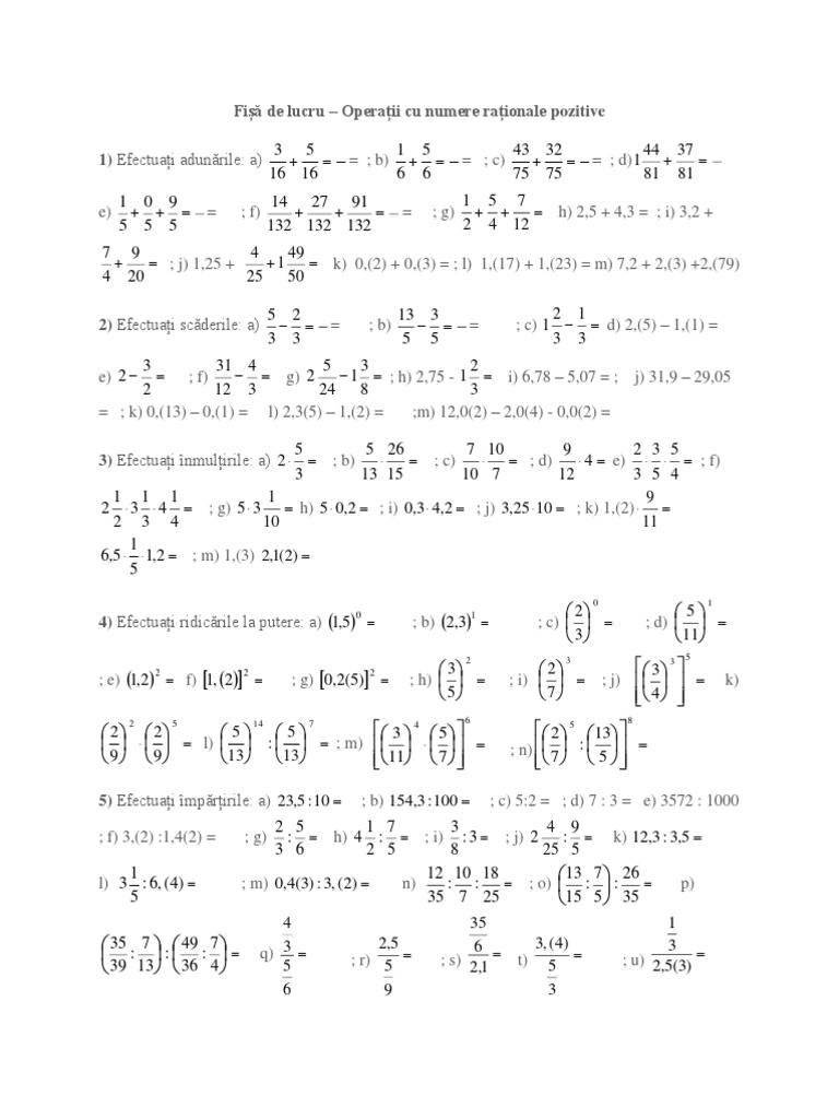 Fisa de Lucru Operatii Cu Numere Rationale Pozitive