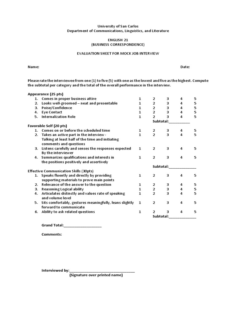 Rubric - Mock Job Interview | PDF | Job Interview | Behavioural Sciences