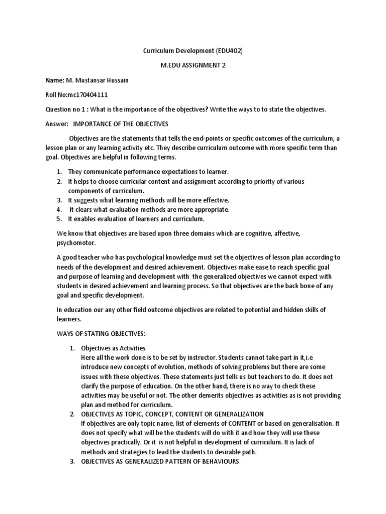 Edu 402 Assign2 Solution | PDF | Curriculum | Lesson Plan