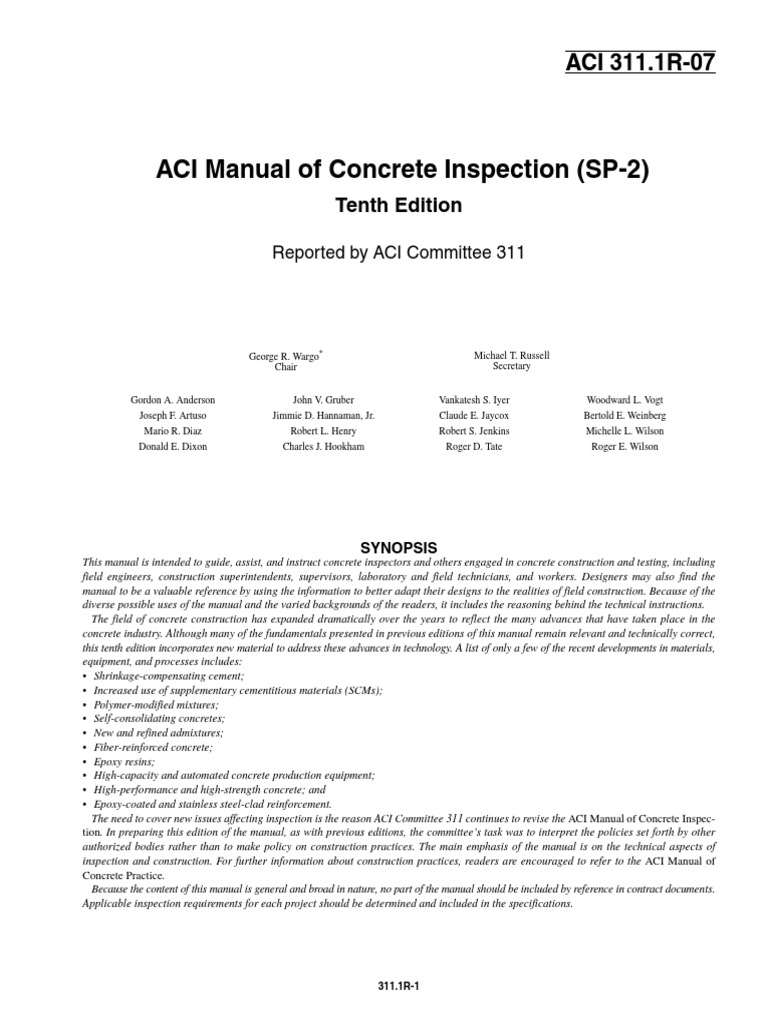 ACI 311.1R-07 - SYNOPSIS Only ACI Manual of Concrete Inspection (SP-2 ...
