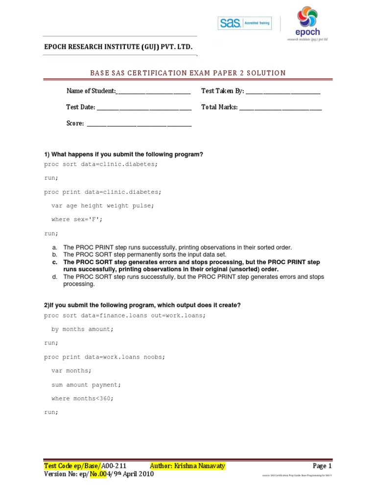 Base Unit Test Paper - 2solution PDF | PDF | Sas (Software) | Control Flow