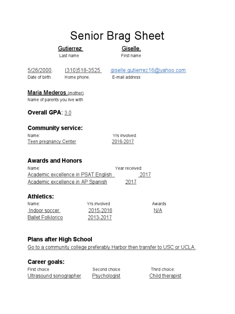 Senior Brag Sheets | PDF