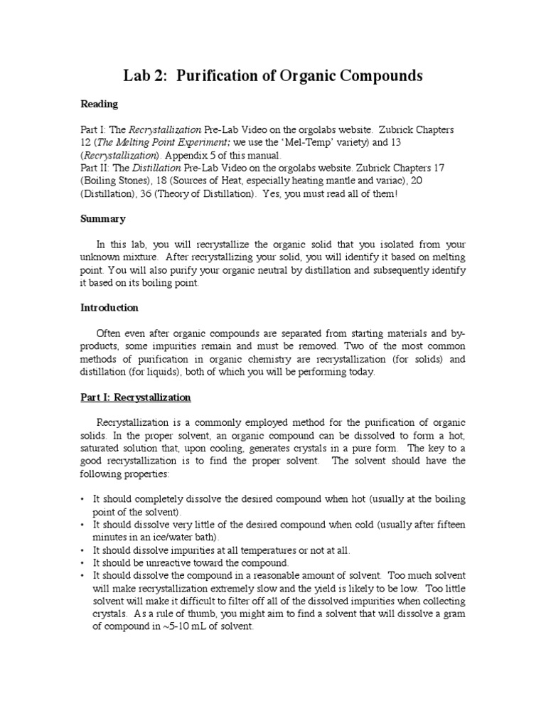 Purification of Organic Compounds Lab | PDF | Solubility | Solvent