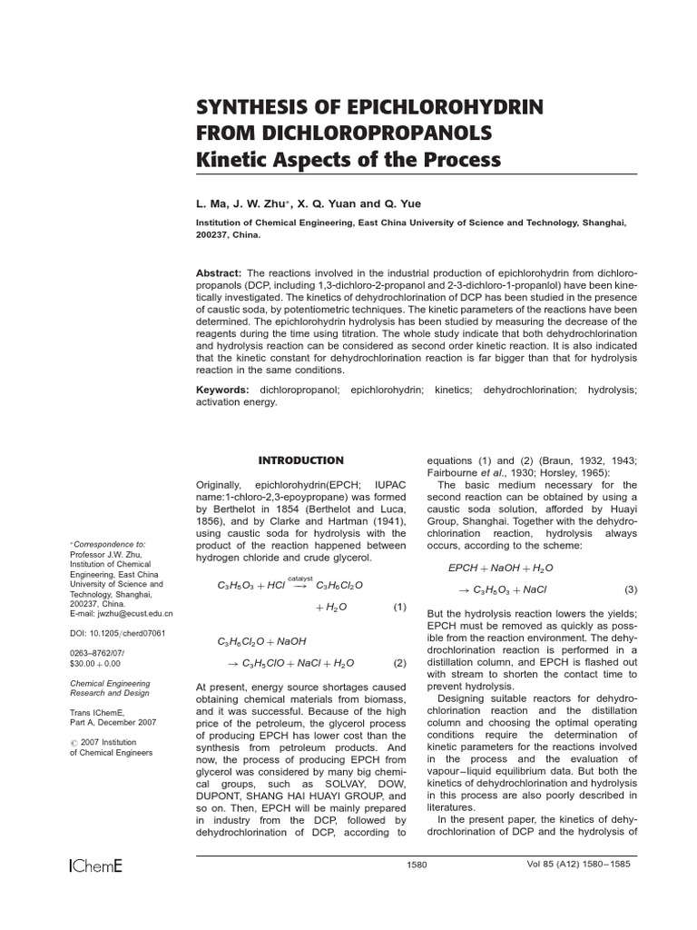 Kinetics of Epichlorohydrin Synthesis | PDF | Chemical Reactions ...