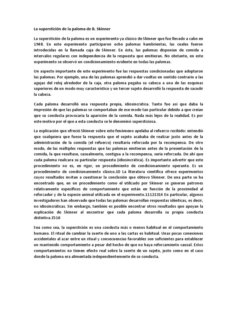 Superstición de La Paloma de Skinner | PDF | Ciencia cognitiva ...