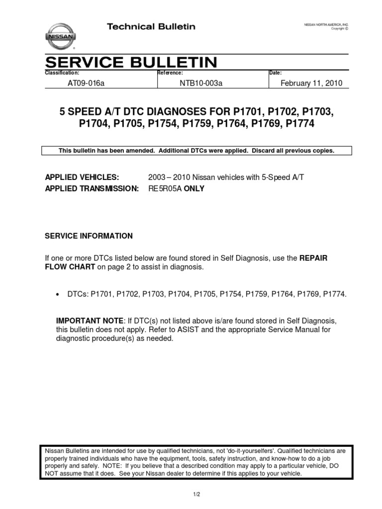 Technical Bulletin Nissan, Boletin de Servicio. 2 Pag | PDF