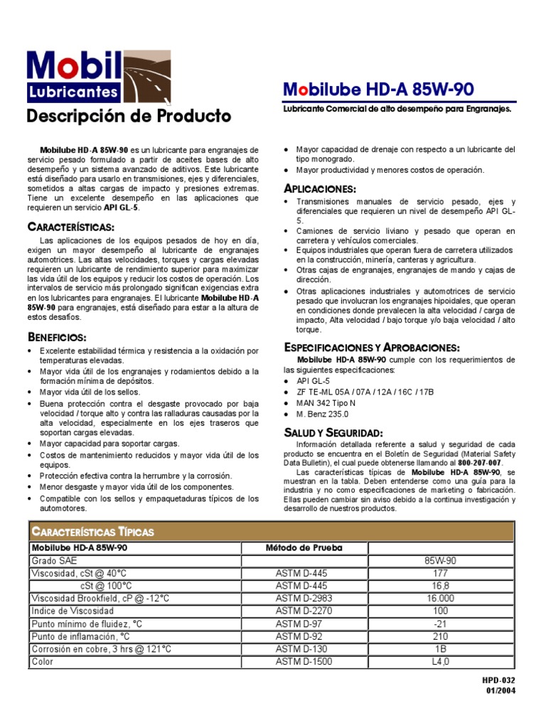 Mobilube HD A 85W 90 | PDF | Engranaje | Lubricante