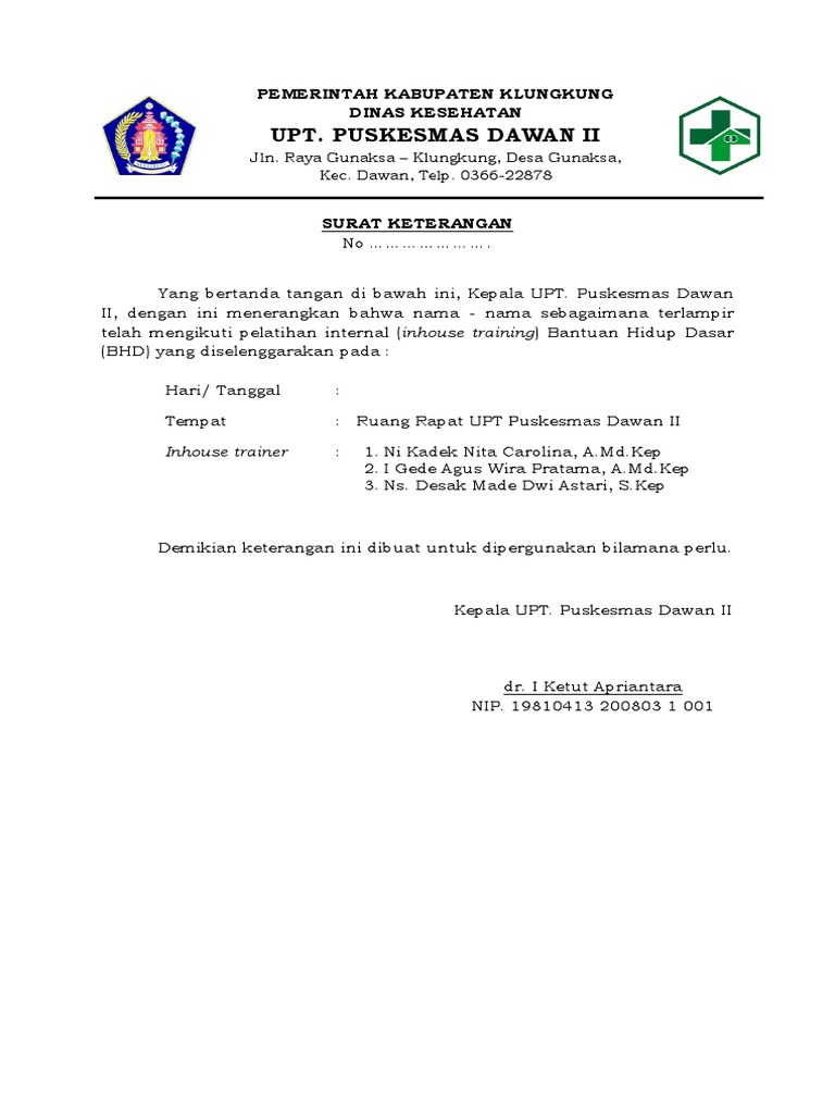 Surat Keterangan Inhouse Training BHD | PDF