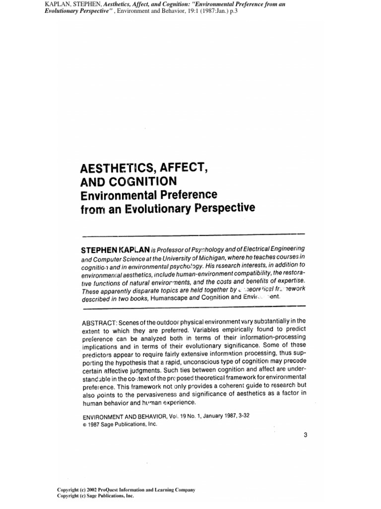 Kaplan (1987) Aesthetics, Affect and Cognition | PDF | Aesthetics | Cognition