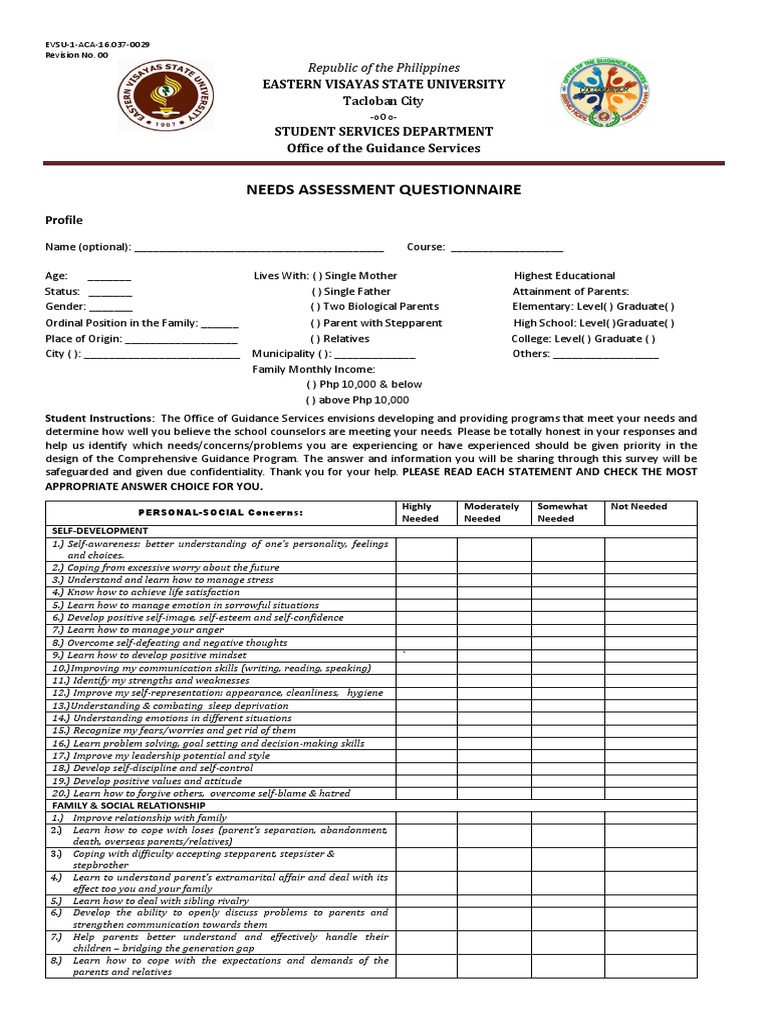 NEEDS ASSESSMENT QUESTIONNAIRE Ko | PDF | School Counselor | Competence ...
