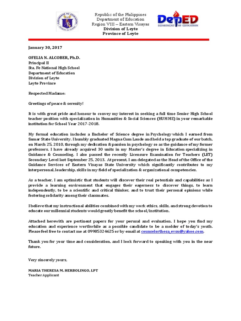 SHS Application Cover Letter | PDF | Doctor Of Philosophy | Teachers