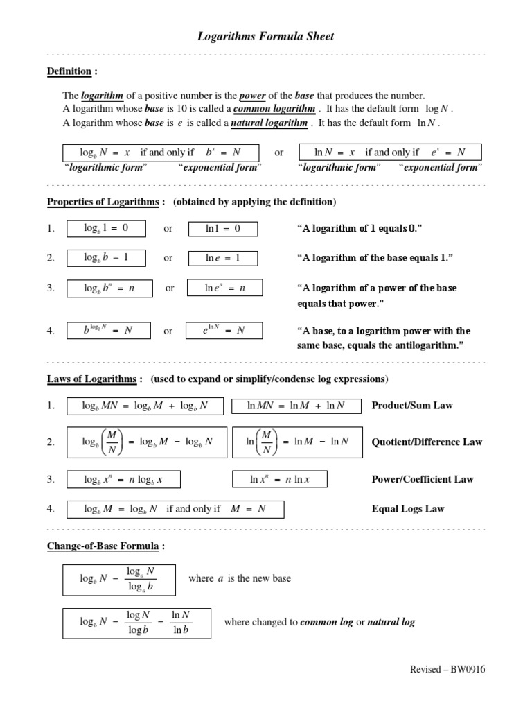 Logarithms Formula Sheet | PDF | Logarithm | Combinatorics