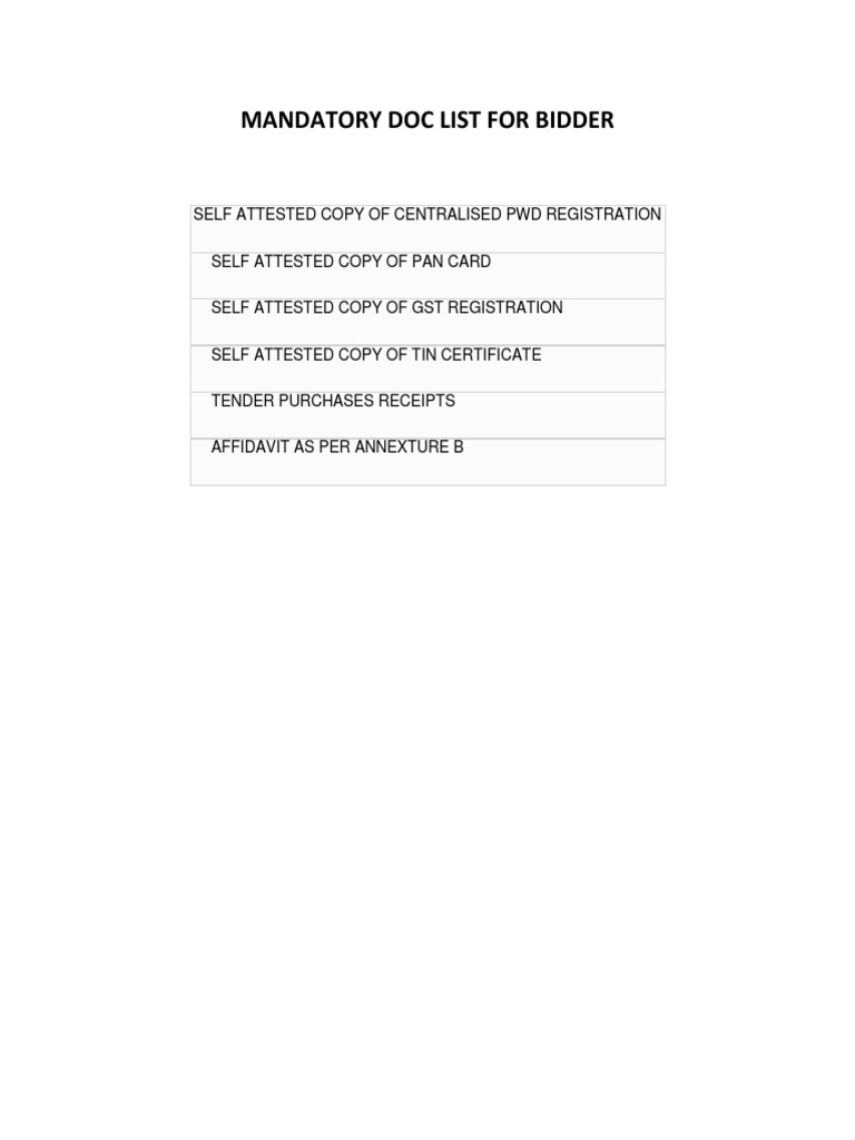 Mandatory Doc List For Bidder: Self Attested Copy of Centralised PWD ...