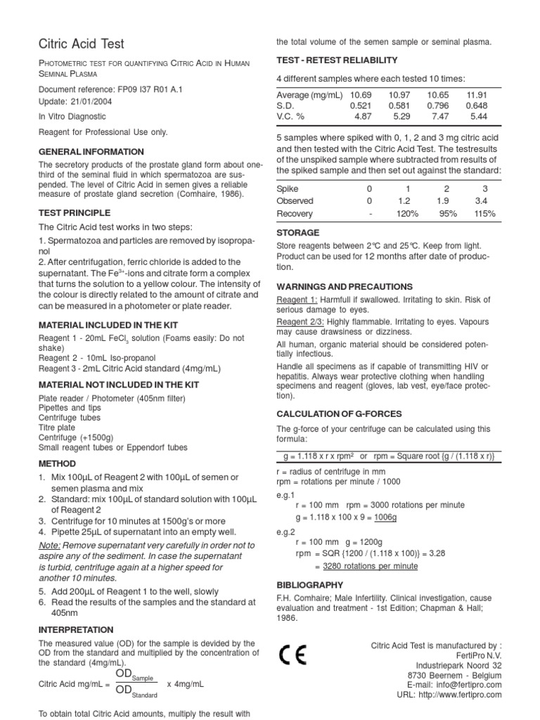 Photometric Citric Acid Test for Semen | PDF | Semen | Centrifuge