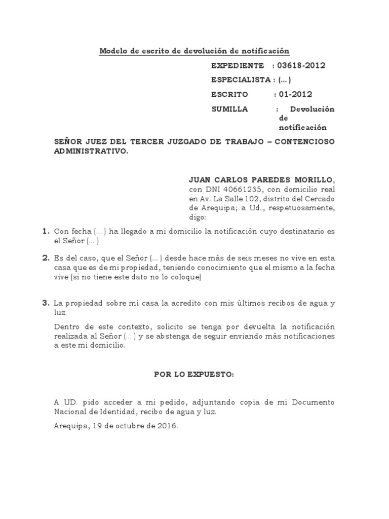 Modelo de Escrito de Devolución de Notificación | PDF