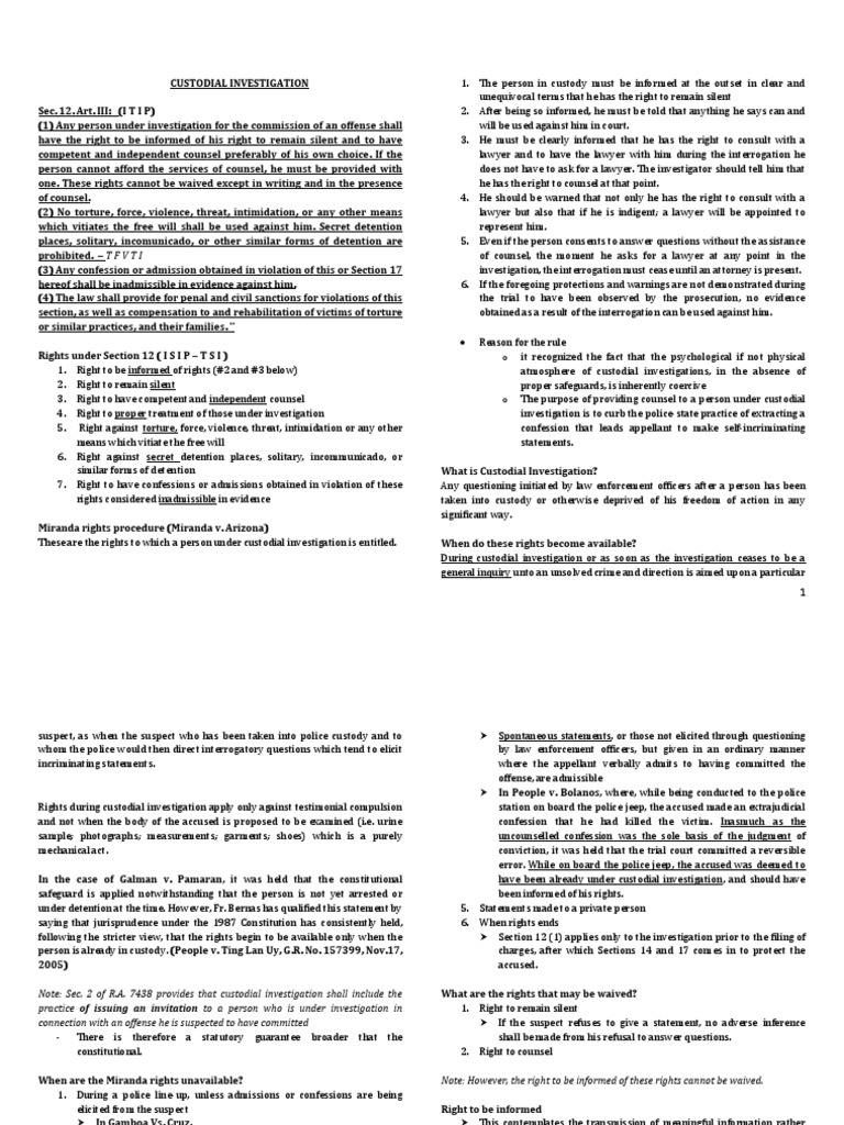 Custodial Investigation Reviewer | Confession (Law) | Miranda Warning