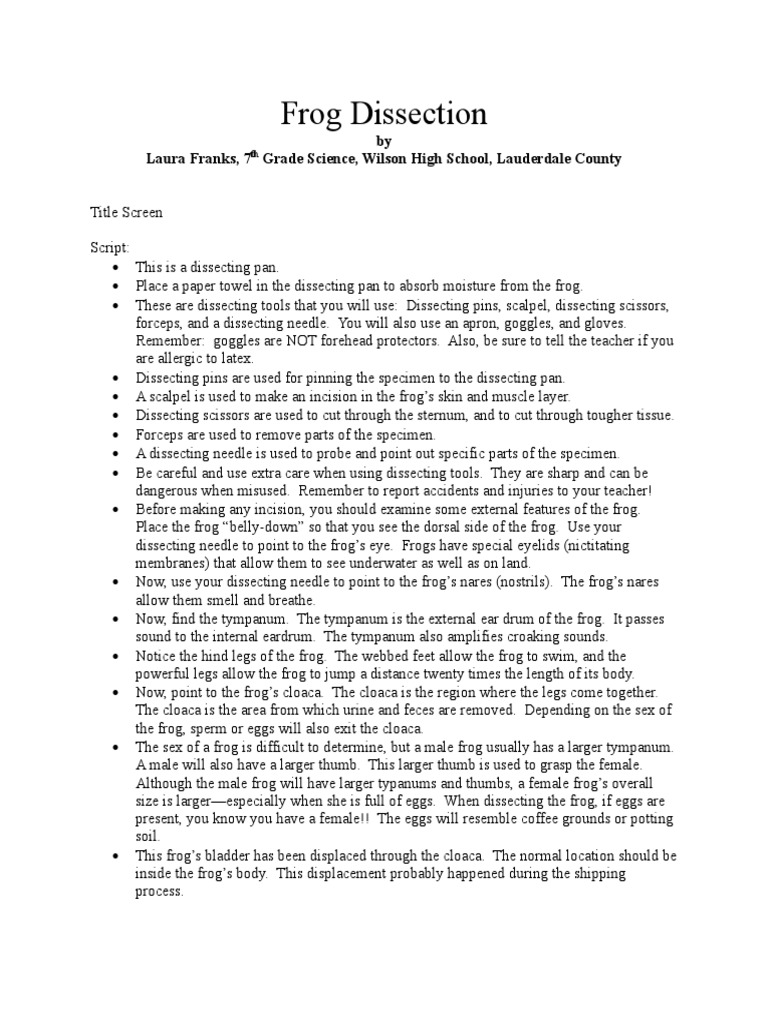 Frog Dissection Script | PDF | Frog | Abdomen