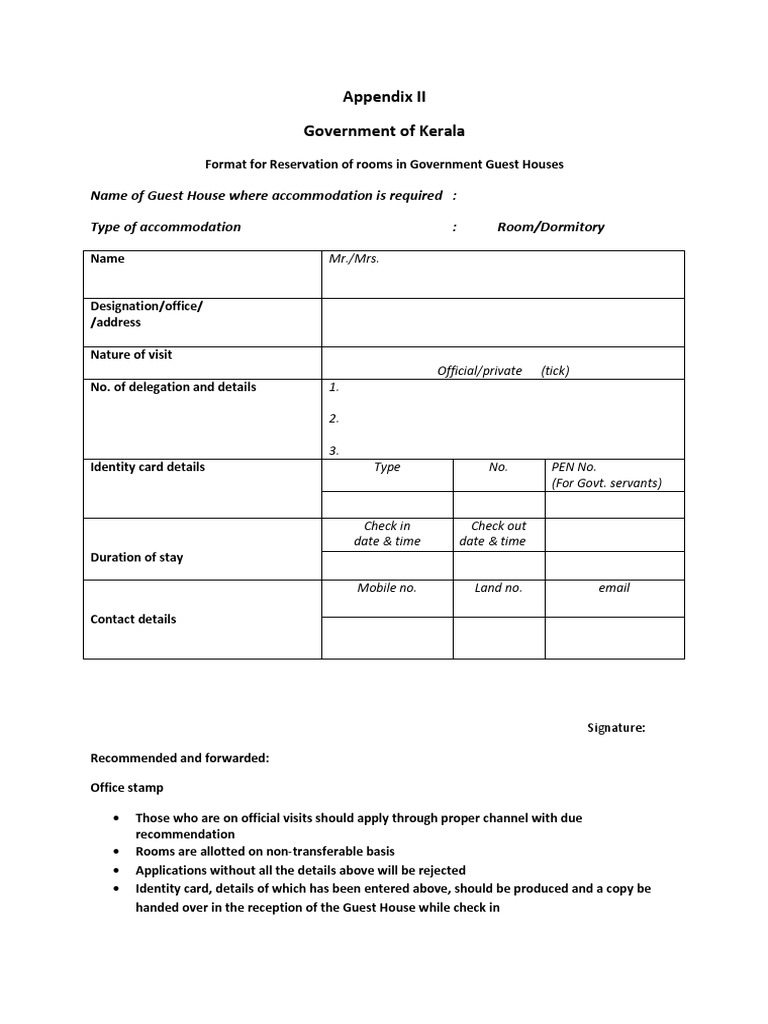 Format for Reservation of Rooms in Government Guest Houses | Computing ...
