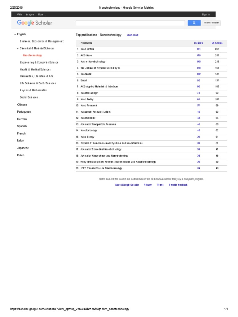 Nanotechnology - Google Scholar Metrics | PDF | Nanotechnology ...