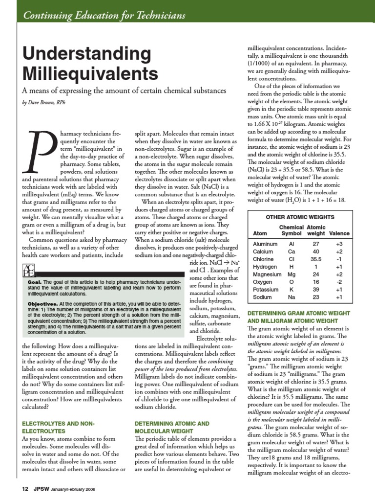 Understanding Milliequivalents | PDF | Electrolyte | Ion
