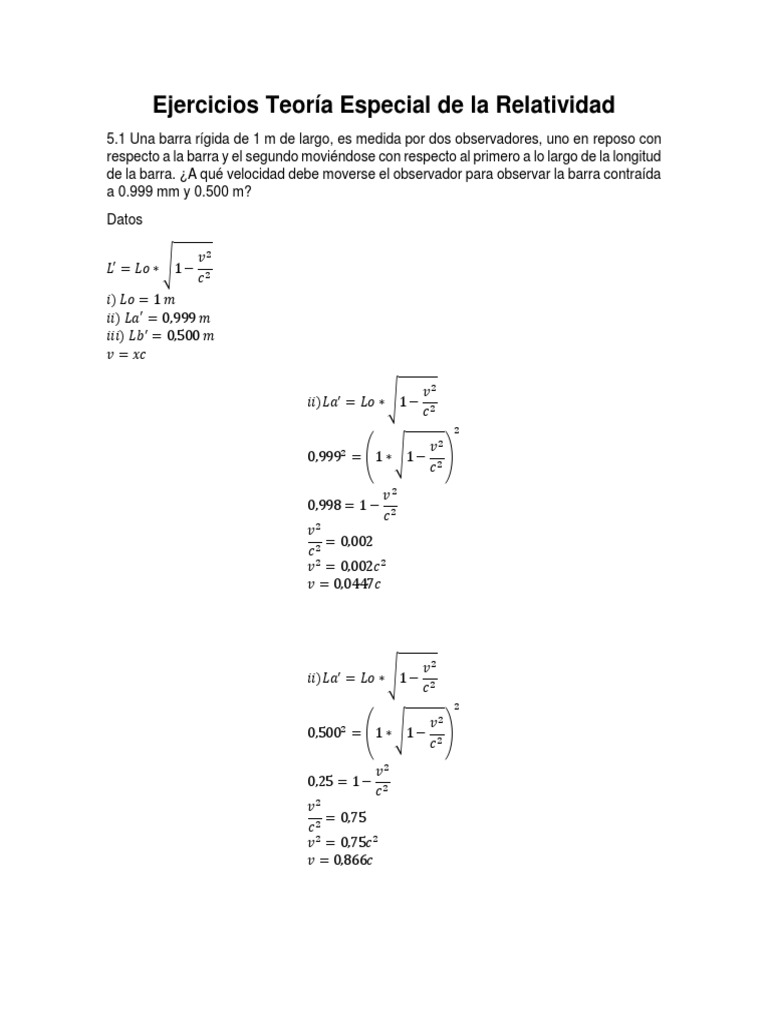 Ejercicios Teoría Especial de La Relatividad | PDF | Movimiento (física ...