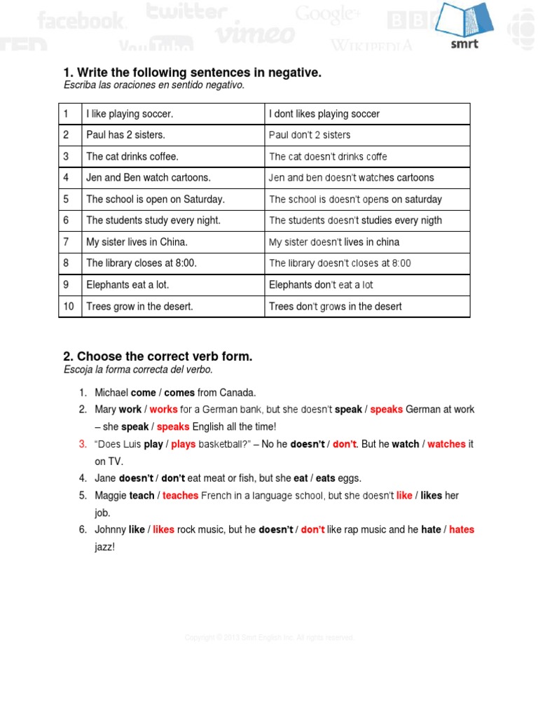 5-2 Present Simple - Negative Exercise | PDF