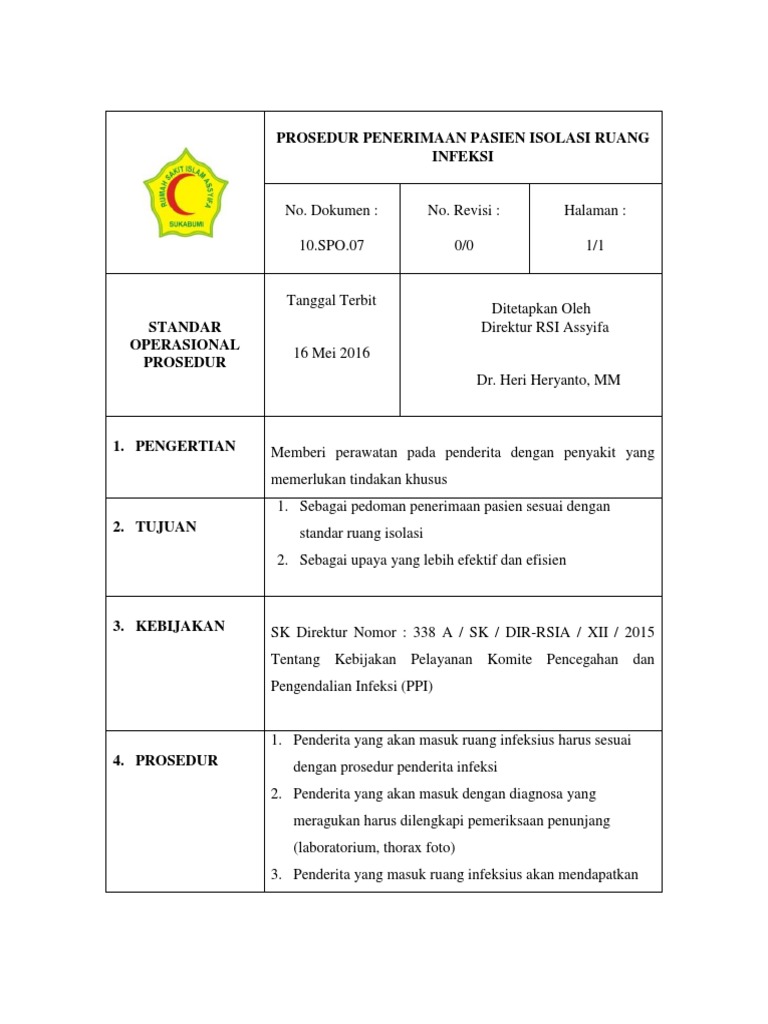 07.SPO Penerimaan Pasien Isolasi Ruang Infeksi | PDF