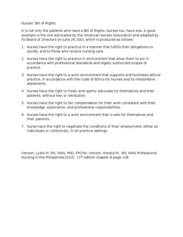 Nurses' Bill of Rights Overview | PDF | Nursing | Employment