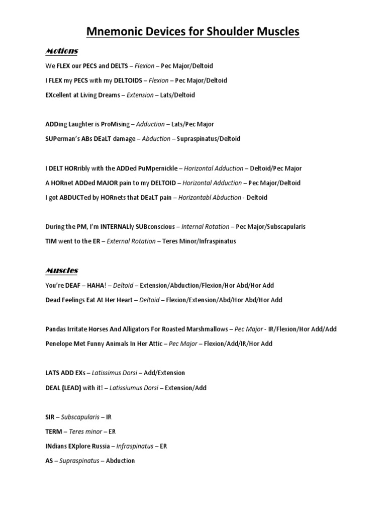 Shoulder Muscle Mnemonics Guide | PDF