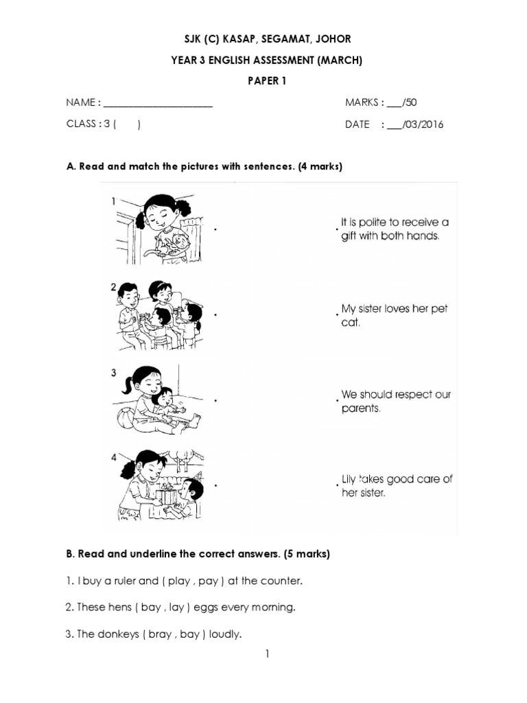 SJK (C) Kasap, Segamat, Johor Year 3 English Assessment (March) Paper 1 ...